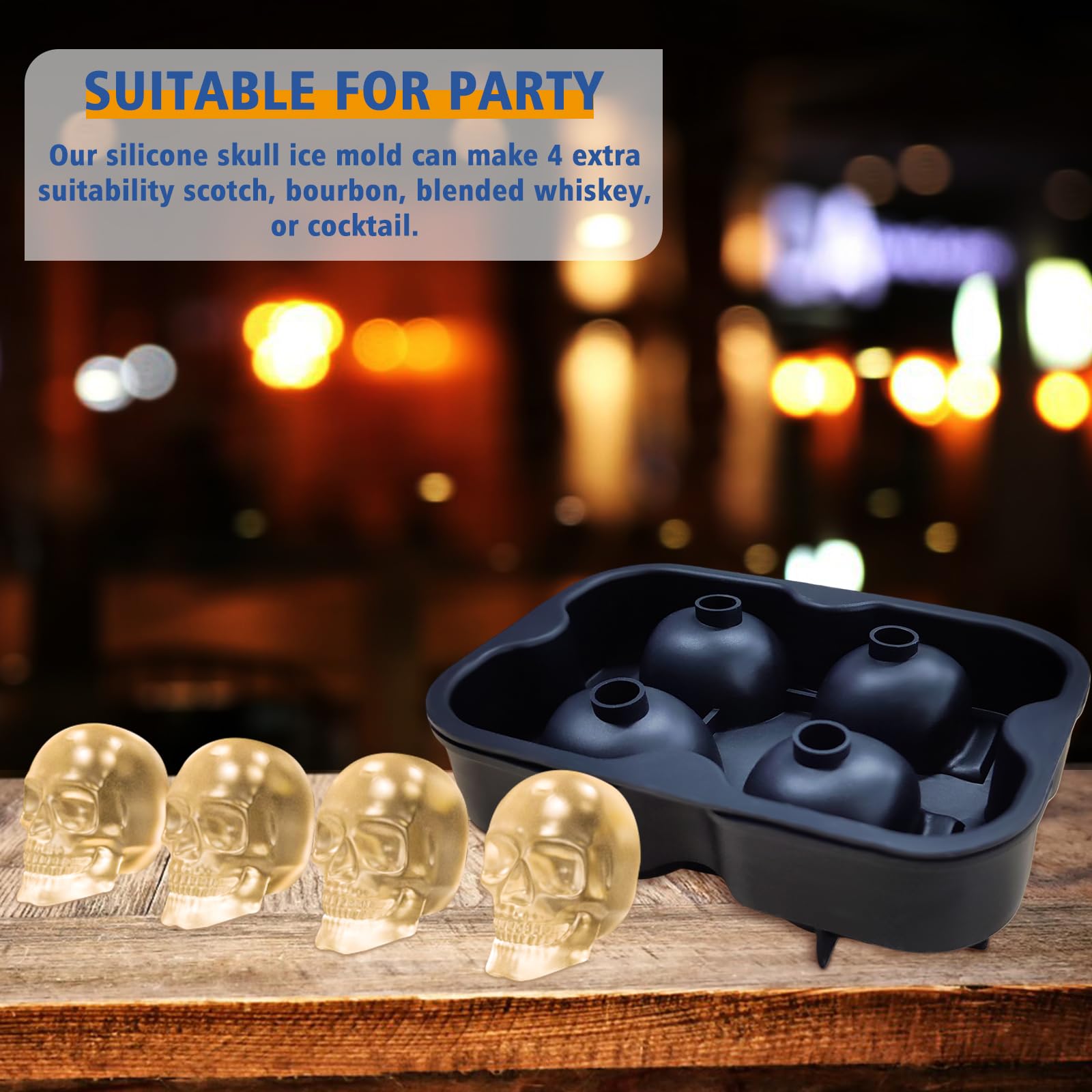 ice Cube Trays Silicone (Set of 4) Whiskey Ice Ball Mold, Large Ice Ball Maker Mold, grimace Ice Cube Mold, Halloween Ice Cube Mold, Tray for Cocktails & Bourbon Easy Release BPA Free (Black)