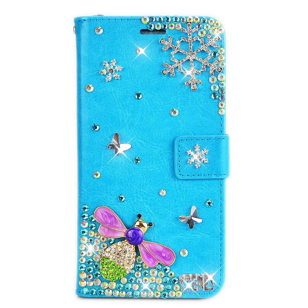 Fairy Art Crystal Wallet Phone Case Compatible with Samsung Galaxy Z Fold 5 - Bee - Blue - 3D Handmade Sparkly Glitter Bling Leather Cover with Screen Protector & Beaded Phone Lanyard