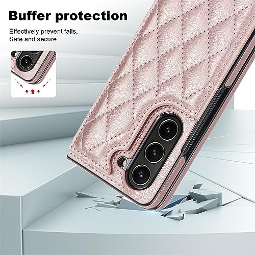 Ephoou Flip Wallet Case Compatible with Samsung Galaxy Z Fold 5 for Women, Luxury PU Leather Shockproof Cover Case with Card Holder (Kickstand Function) for Samsung Galaxy Z Fold5 SKG-Rose Gold