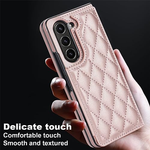 Ephoou Flip Wallet Case Compatible with Samsung Galaxy Z Fold 5 for Women, Luxury PU Leather Shockproof Cover Case with Card Holder (Kickstand Function) for Samsung Galaxy Z Fold5 SKG-Rose Gold