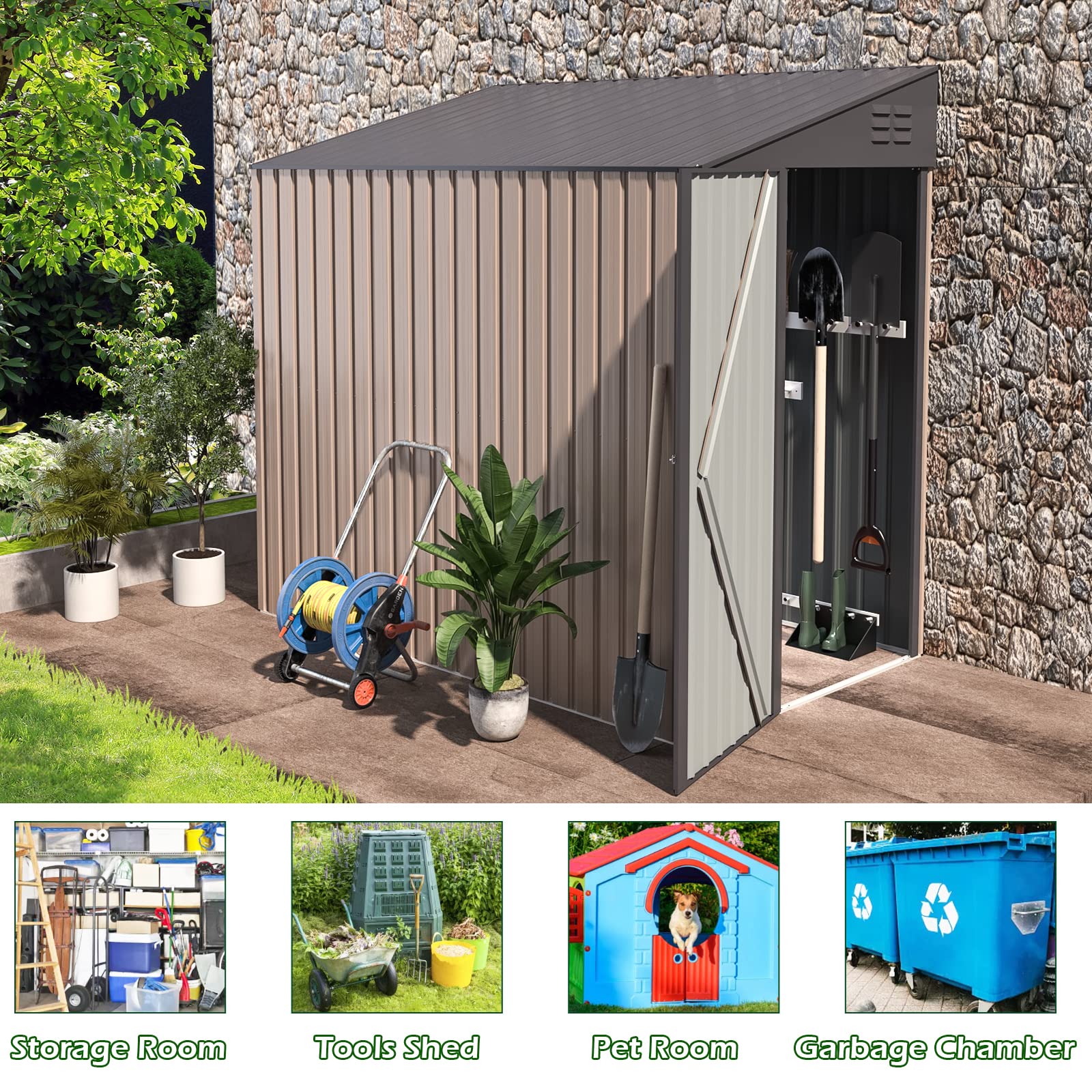 AECOJOY Lean to Storage Shed, 4.2' x 7' Small Metal Side Door Sheds & Outdoor Storage, Outdoor Storage Cabinet for Garden, Backyard, Grey&Light Tan