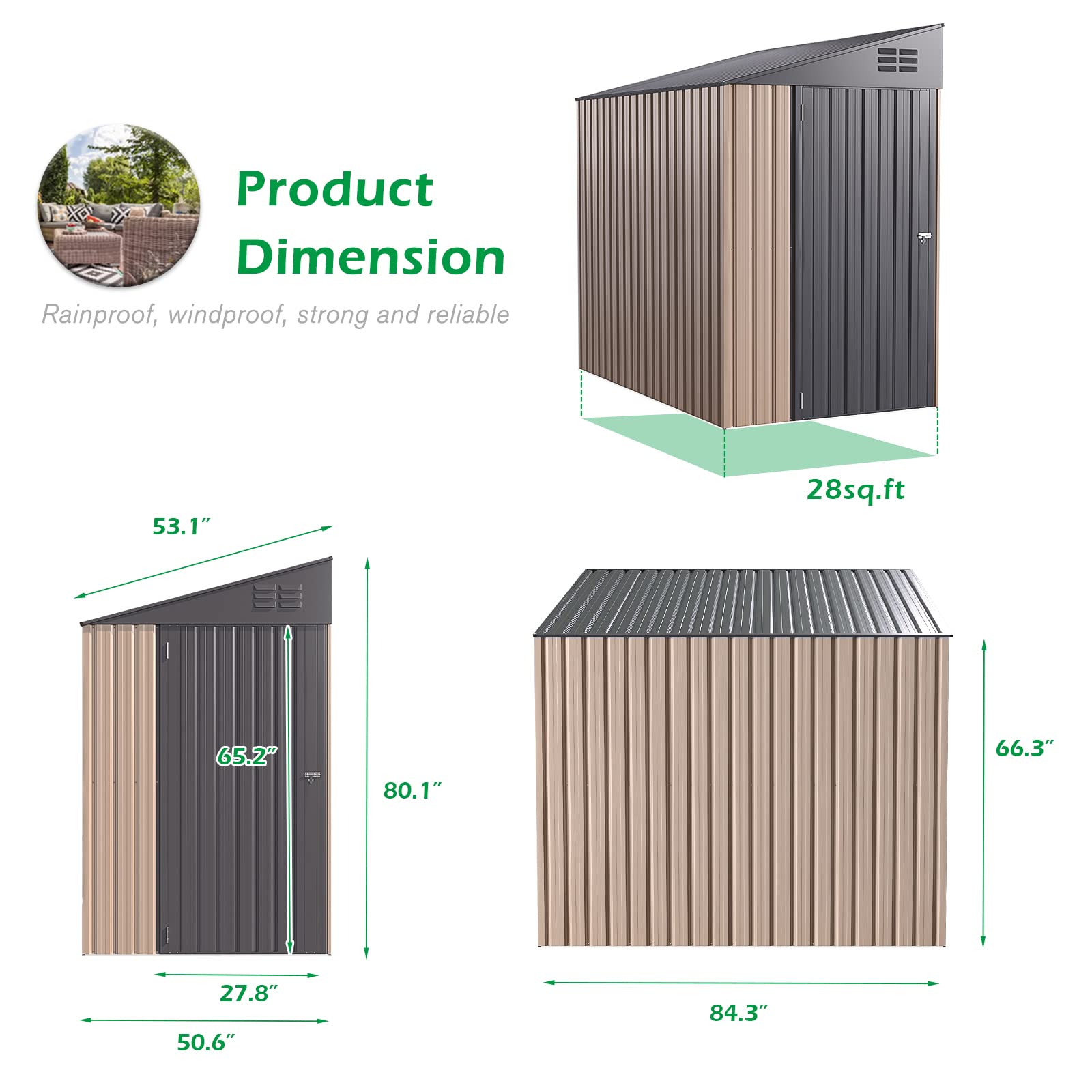 AECOJOY Lean to Storage Shed, 4.2' x 7' Small Metal Side Door Sheds & Outdoor Storage, Outdoor Storage Cabinet for Garden, Backyard, Grey&Light Tan