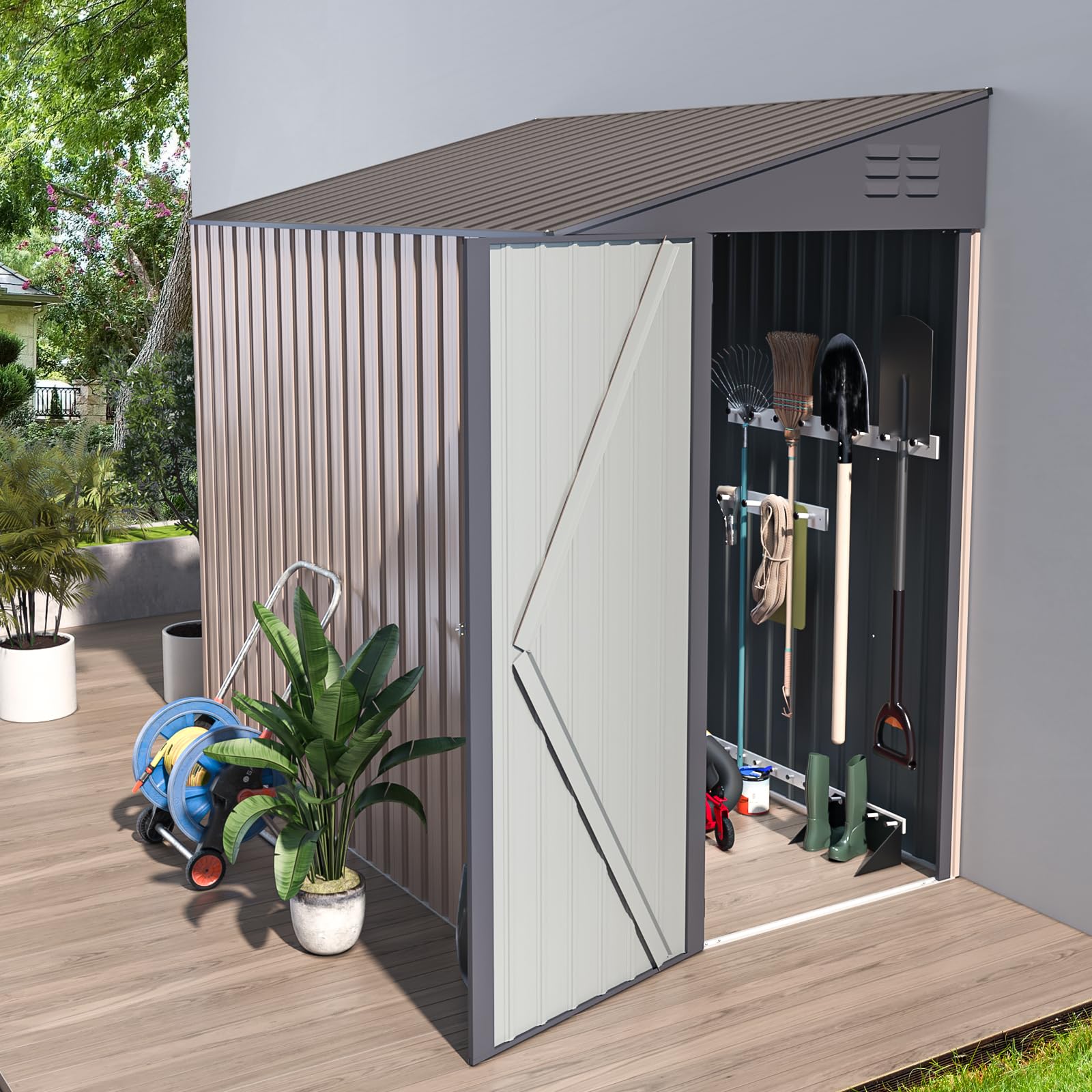 AECOJOY Lean to Storage Shed, 4.2' x 7' Small Metal Side Door Sheds & Outdoor Storage, Outdoor Storage Cabinet for Garden, Backyard, Grey&Light Tan