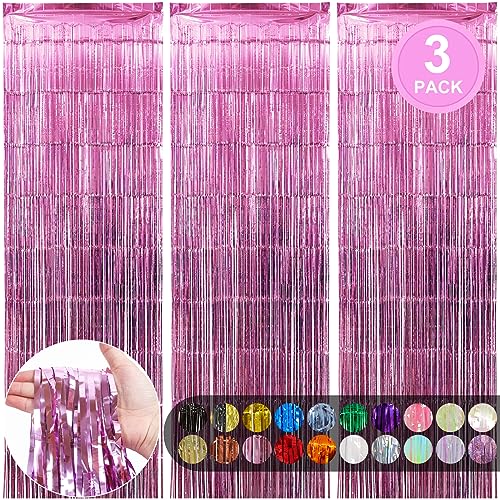 rubfac 3pcs 3.3x8.2 Feet Pink Fringe Backdrop Curtains,Tinsel Streamers Birthday Party Decorations, Fringe Backdrop for Pink Party Decorations Girl Princess Bachelorette Party Decor