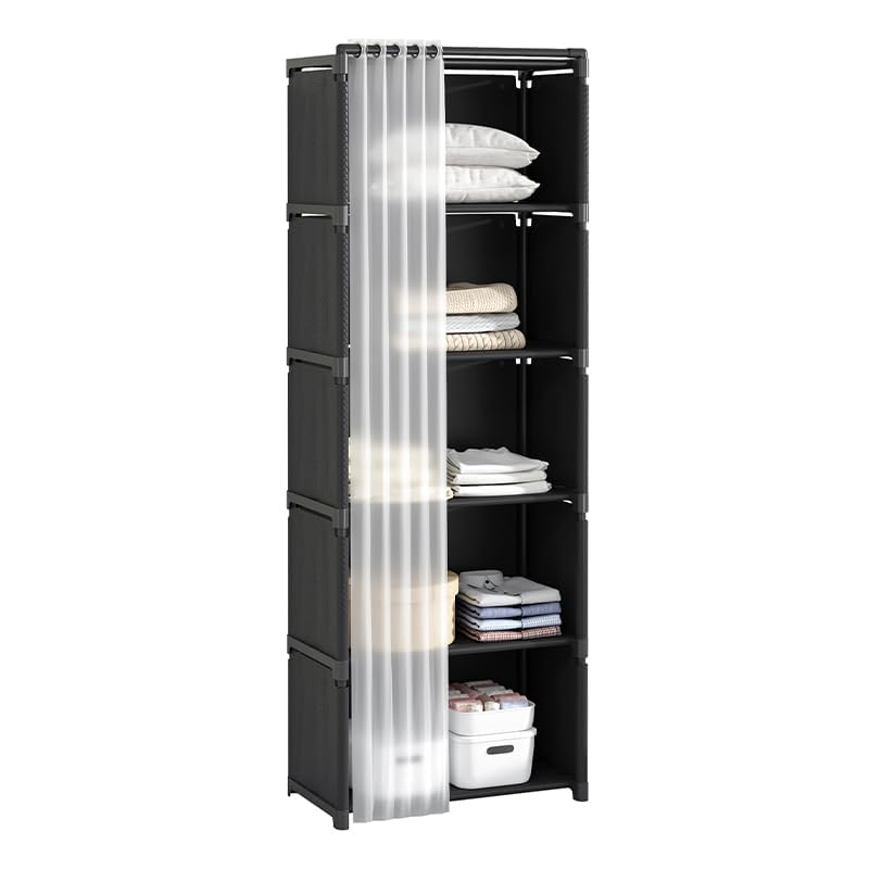 Dttwacoyh 1 Piece 6 Storey Single Row Storage,5 Cube Storage Organizer with Curtains ,Portable Bookcase, Black Bookcase,Multifunctional Storage Cabinet, Suitable for Office, Bedroom, Bathroom