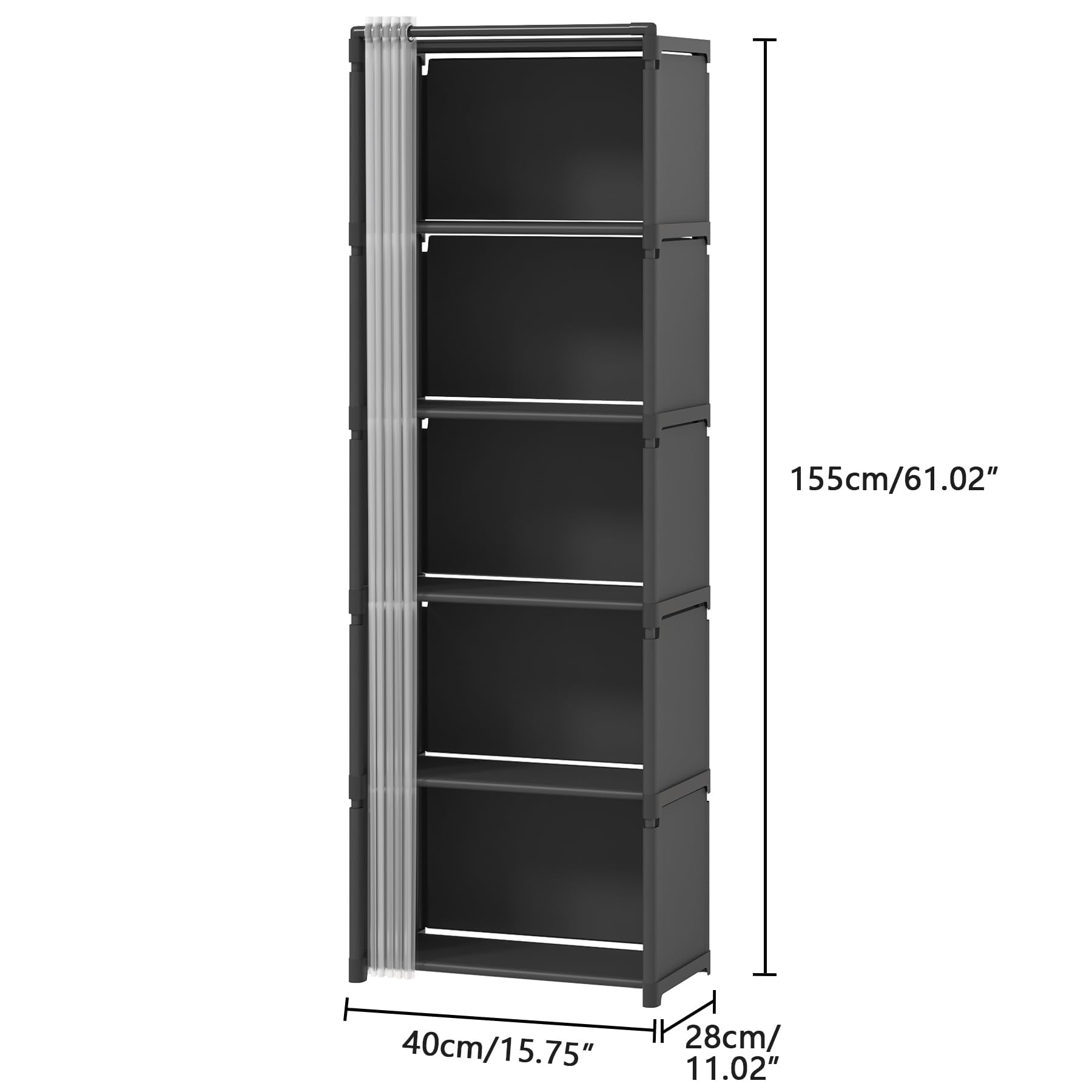 Dttwacoyh 1 Piece 6 Storey Single Row Storage,5 Cube Storage Organizer with Curtains ,Portable Bookcase, Black Bookcase,Multifunctional Storage Cabinet, Suitable for Office, Bedroom, Bathroom