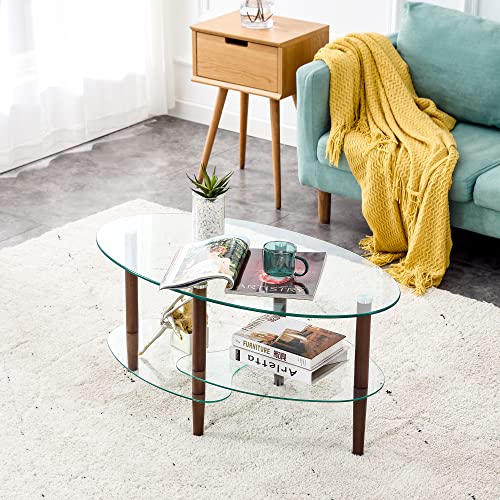 Aperturee Oval Tempered Glass Coffee Table 3-Layer with Storage Oak Wood Leg Modern End Table Top Tea Table for Living Room Dining Room Bedroom Office Home Decor…