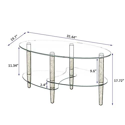 Aperturee Oval Tempered Glass Coffee Table 3-Layer with Storage Oak Wood Leg Modern End Table Top Tea Table for Living Room Dining Room Bedroom Office Home Decor…