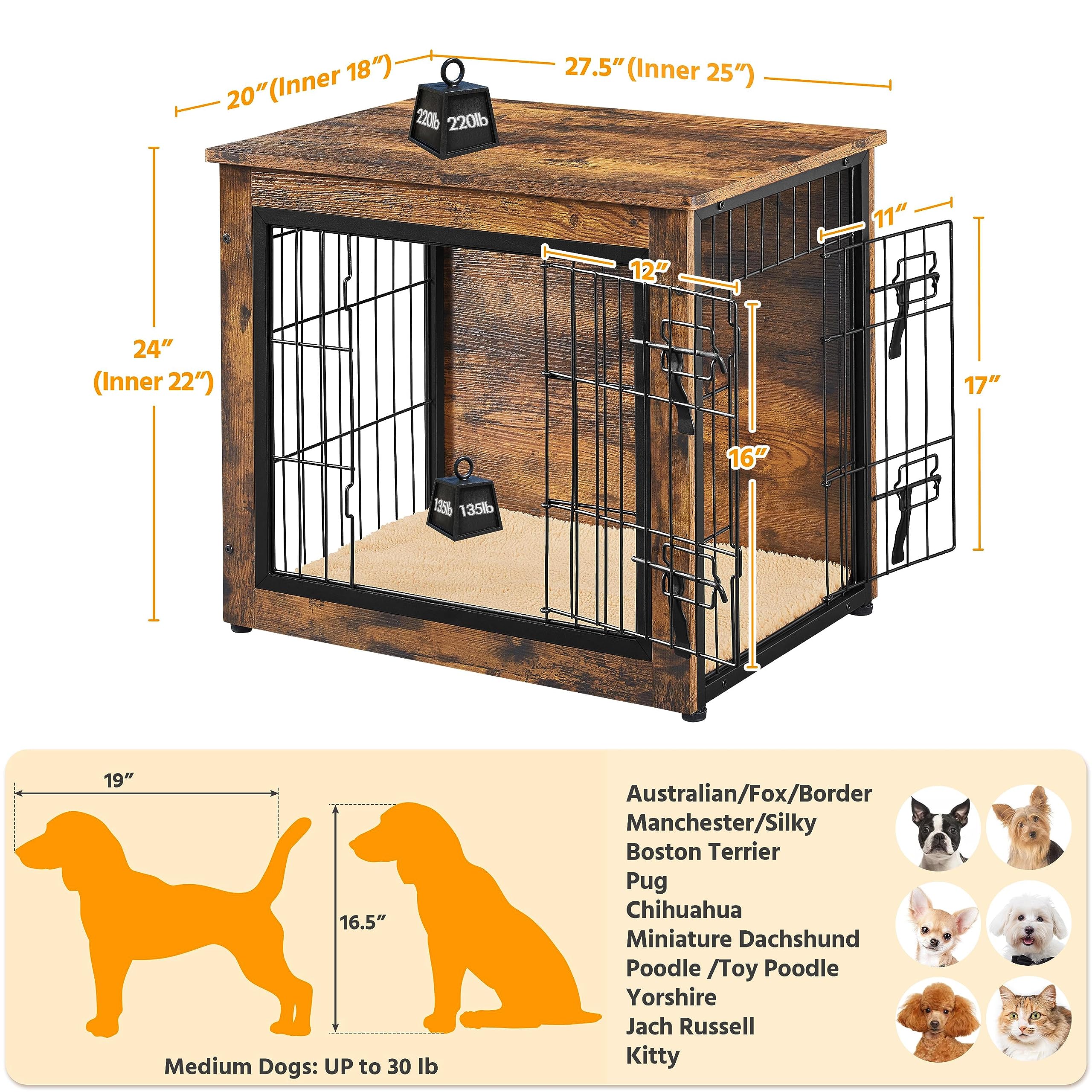 Yaheetech 27.5'' Dog Crate Furniture with Cushion Wooden Dog Crate with Double Doors/Adjustable Feet Side End Table for Small/Medium Dogs, 27.5" L x 20" W x 24" H