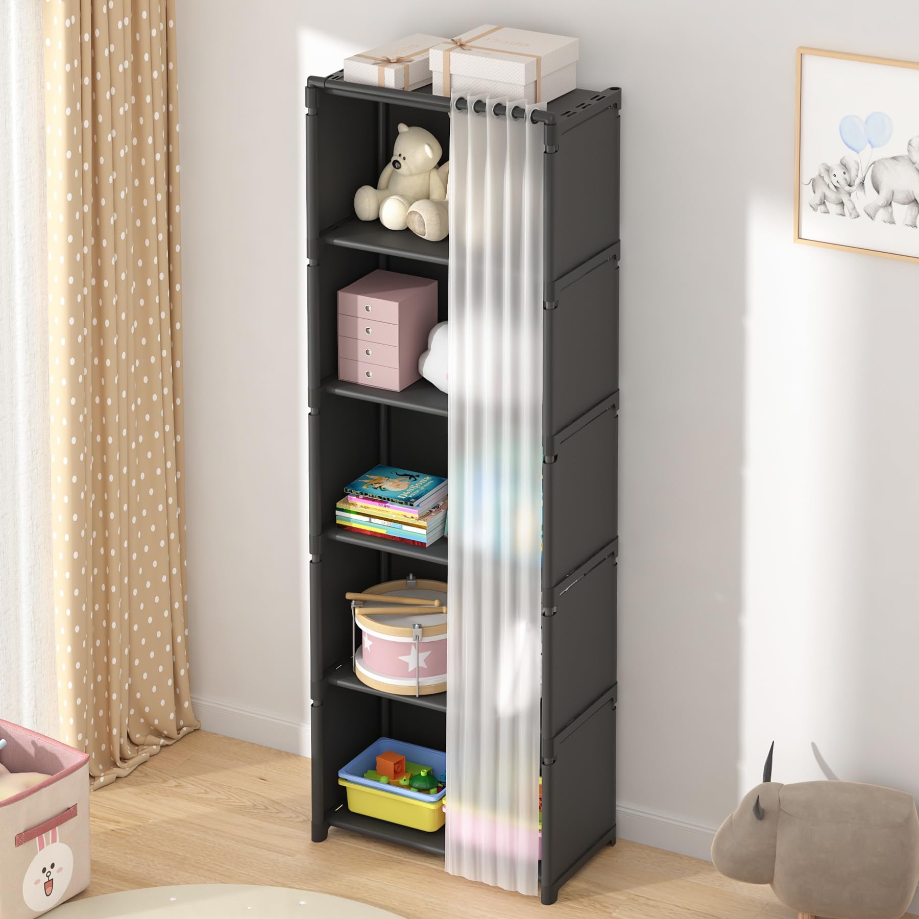 Dttwacoyh 1 Piece 6 Storey Single Row Storage,5 Cube Storage Organizer with Curtains ,Portable Bookcase, Black Bookcase,Multifunctional Storage Cabinet, Suitable for Office, Bedroom, Bathroom