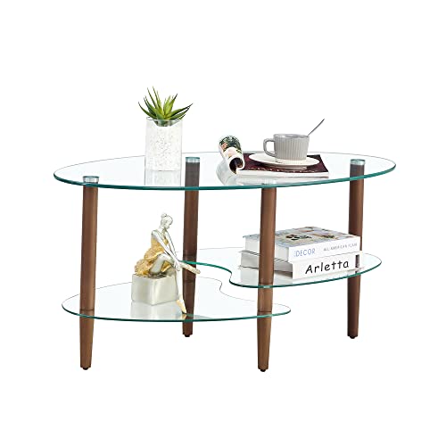Aperturee Oval Tempered Glass Coffee Table 3-Layer with Storage Oak Wood Leg Modern End Table Top Tea Table for Living Room Dining Room Bedroom Office Home Decor…