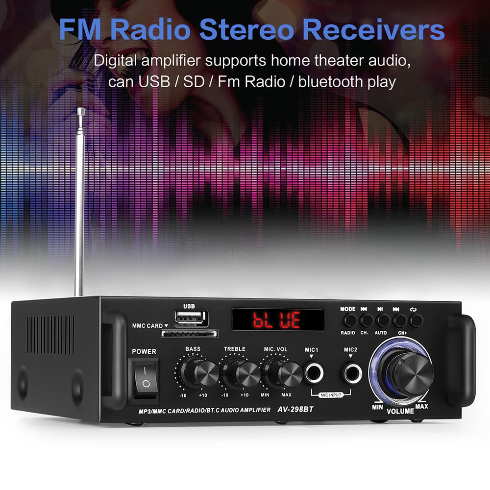 SOBATTY Home Audio Receivers & Amplifier HiFi Bluetooth Stereo Audio Amplifier Max 300Wx2 Wireless Bluetooth 5.0, RMS 40Wx2 Power Amp 2 Channel Stereo Receiver for Home Theater Speaker (BLACK1)