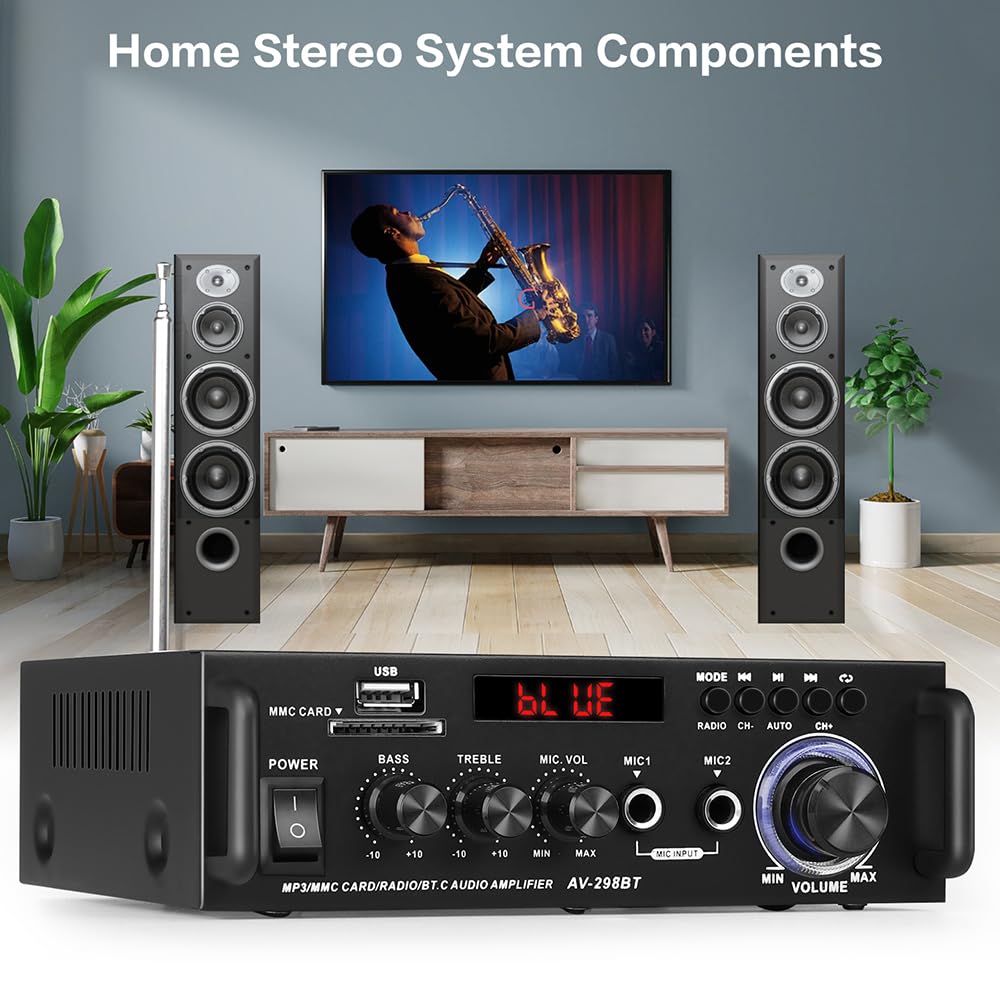 SOBATTY Home Audio Receivers & Amplifier HiFi Bluetooth Stereo Audio Amplifier Max 300Wx2 Wireless Bluetooth 5.0, RMS 40Wx2 Power Amp 2 Channel Stereo Receiver for Home Theater Speaker (BLACK1)