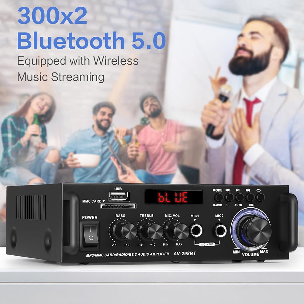 SOBATTY Home Audio Receivers & Amplifier HiFi Bluetooth Stereo Audio Amplifier Max 300Wx2 Wireless Bluetooth 5.0, RMS 40Wx2 Power Amp 2 Channel Stereo Receiver for Home Theater Speaker (BLACK1)