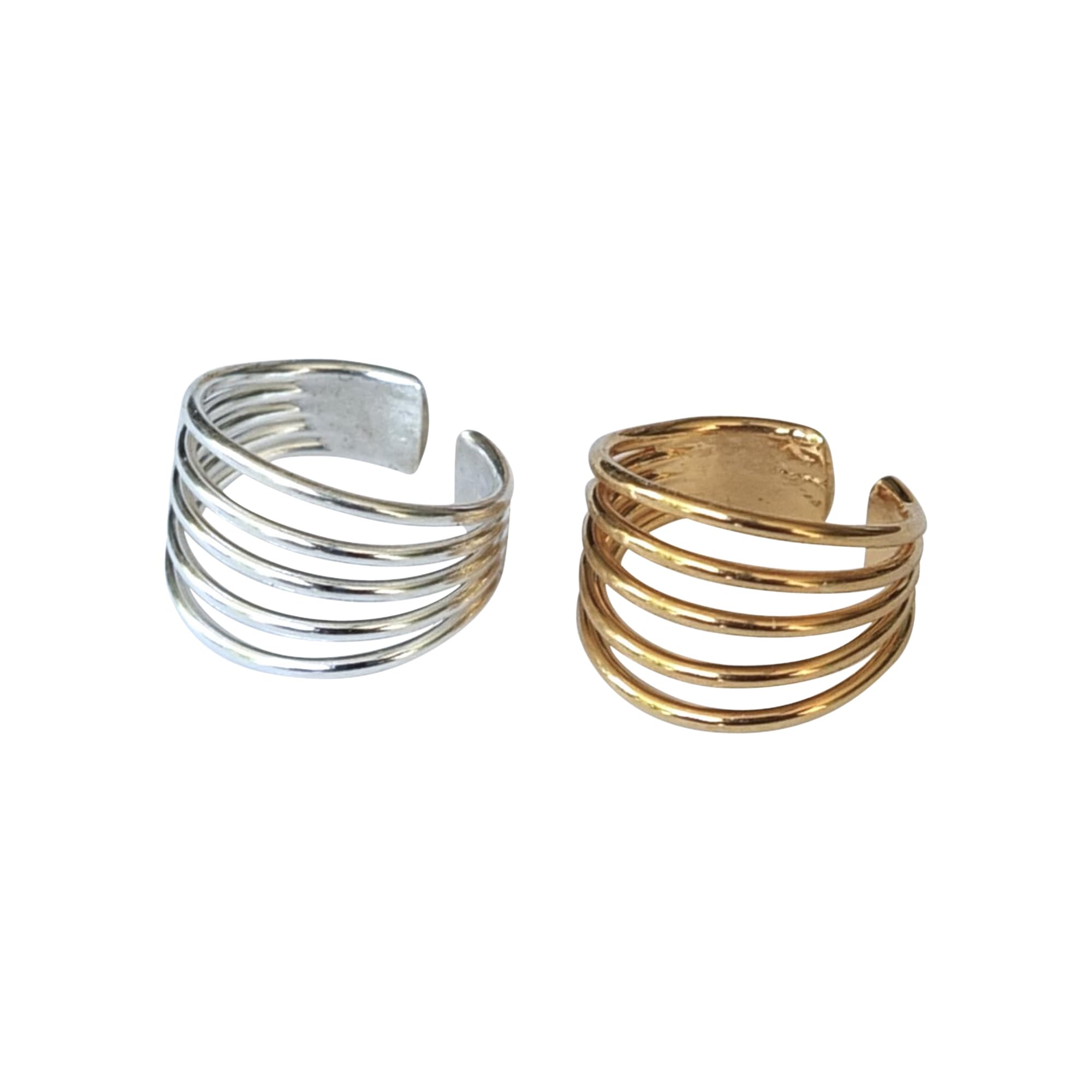 Handmade Silver 2Pcs Tiny Multi Band Thin Ear Cuffs Non-Piercing Huggie Earrings, 1xSterling Silver 1xGold Plated, Dainty Fake Cartilage Helix Non-Pierced Ear Wrap Clip on for Women, By Miya Jewelry