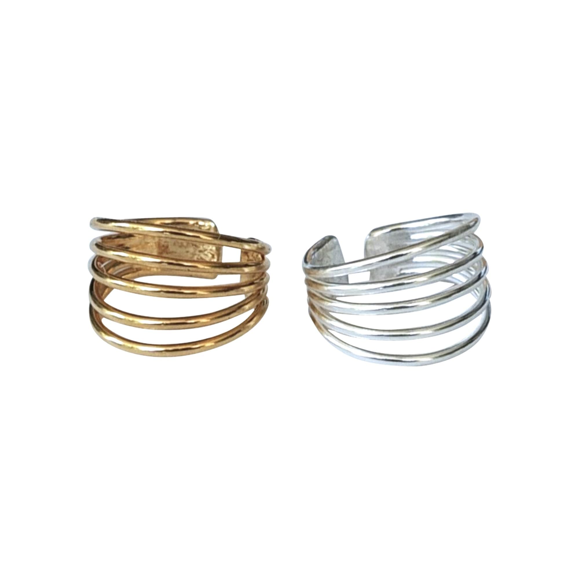 Handmade Silver 2Pcs Tiny Multi Band Thin Ear Cuffs Non-Piercing Huggie Earrings, 1xSterling Silver 1xGold Plated, Dainty Fake Cartilage Helix Non-Pierced Ear Wrap Clip on for Women, By Miya Jewelry