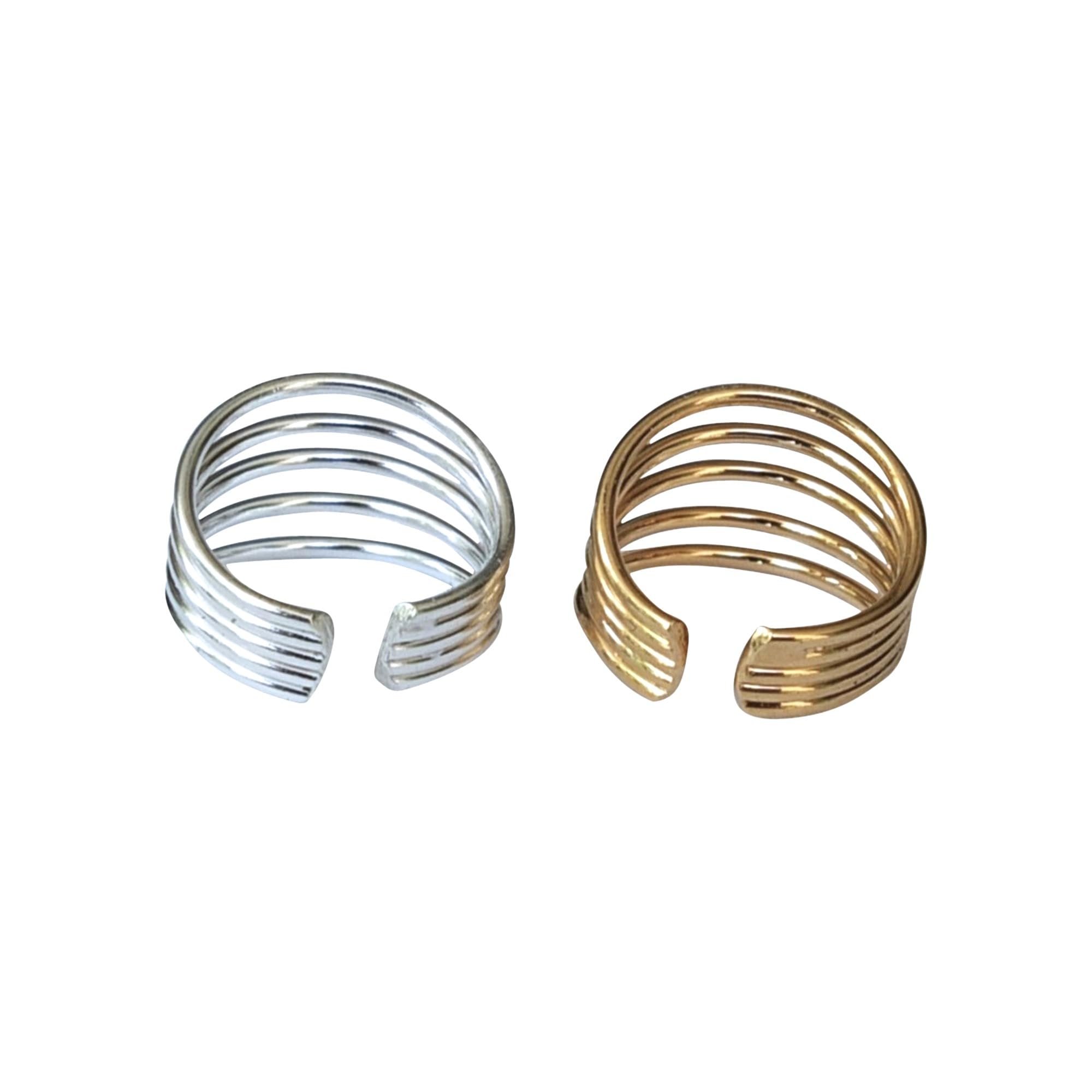 Handmade Silver 2Pcs Tiny Multi Band Thin Ear Cuffs Non-Piercing Huggie Earrings, 1xSterling Silver 1xGold Plated, Dainty Fake Cartilage Helix Non-Pierced Ear Wrap Clip on for Women, By Miya Jewelry