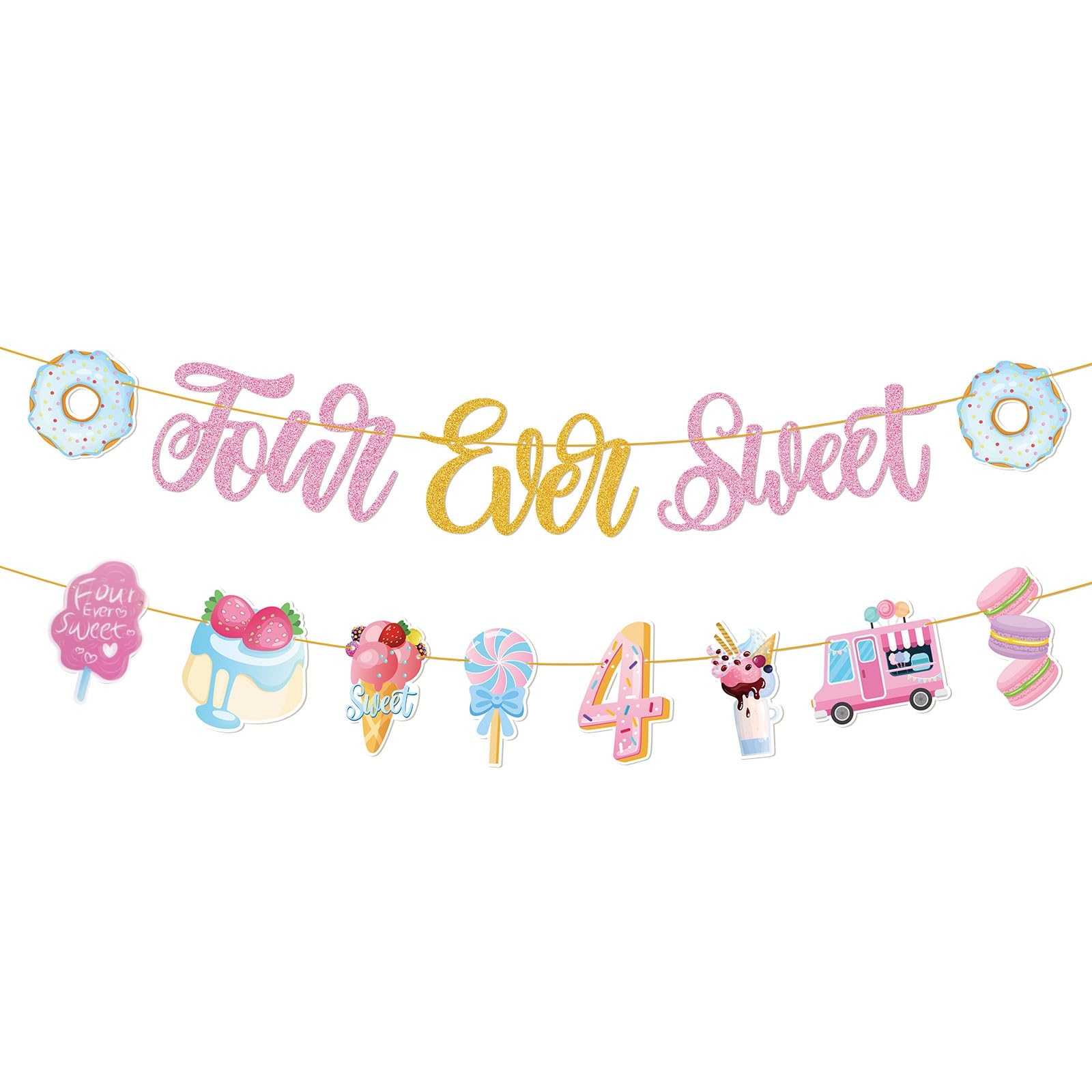 JUYRLE Four Sweet Birthday Decorations- 4 Ever Sweet Party Banner with Donut, Ice Cream, Macaron Pink Theme fourth Birthday Party Decor for baby Girls 4th Birthday Supplies