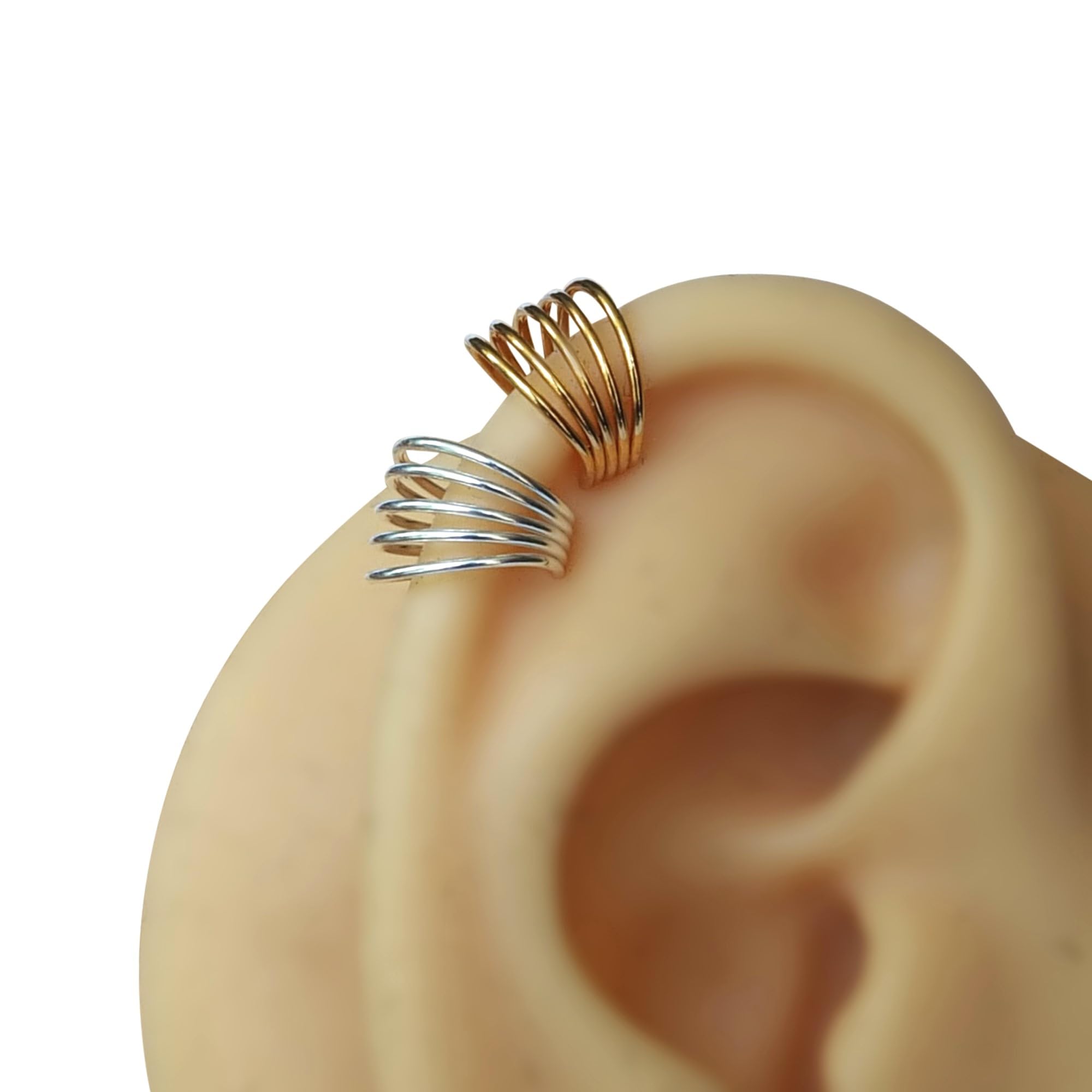 Handmade Silver 2Pcs Tiny Multi Band Thin Ear Cuffs Non-Piercing Huggie Earrings, 1xSterling Silver 1xGold Plated, Dainty Fake Cartilage Helix Non-Pierced Ear Wrap Clip on for Women, By Miya Jewelry