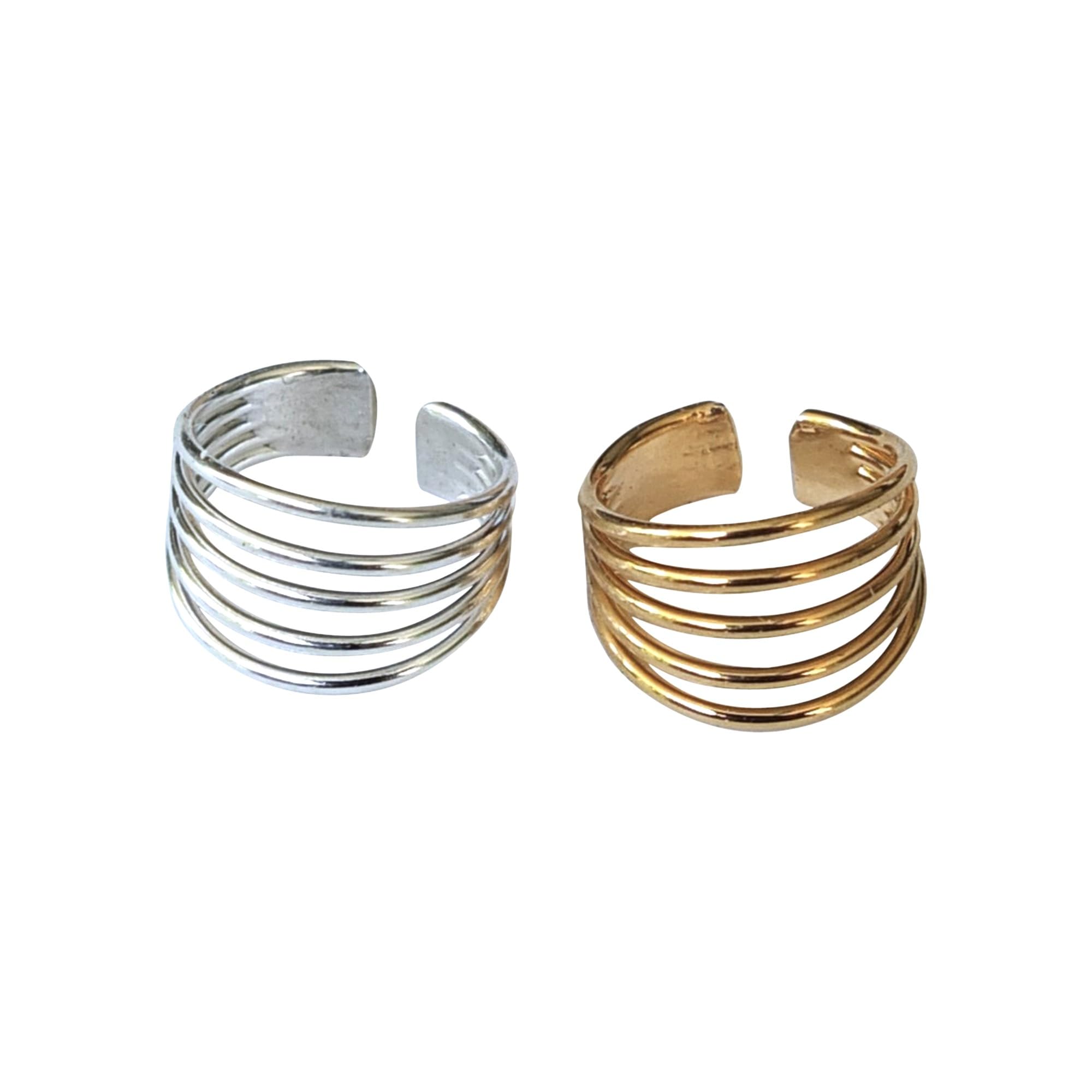 Handmade Silver 2Pcs Tiny Multi Band Thin Ear Cuffs Non-Piercing Huggie Earrings, 1xSterling Silver 1xGold Plated, Dainty Fake Cartilage Helix Non-Pierced Ear Wrap Clip on for Women, By Miya Jewelry