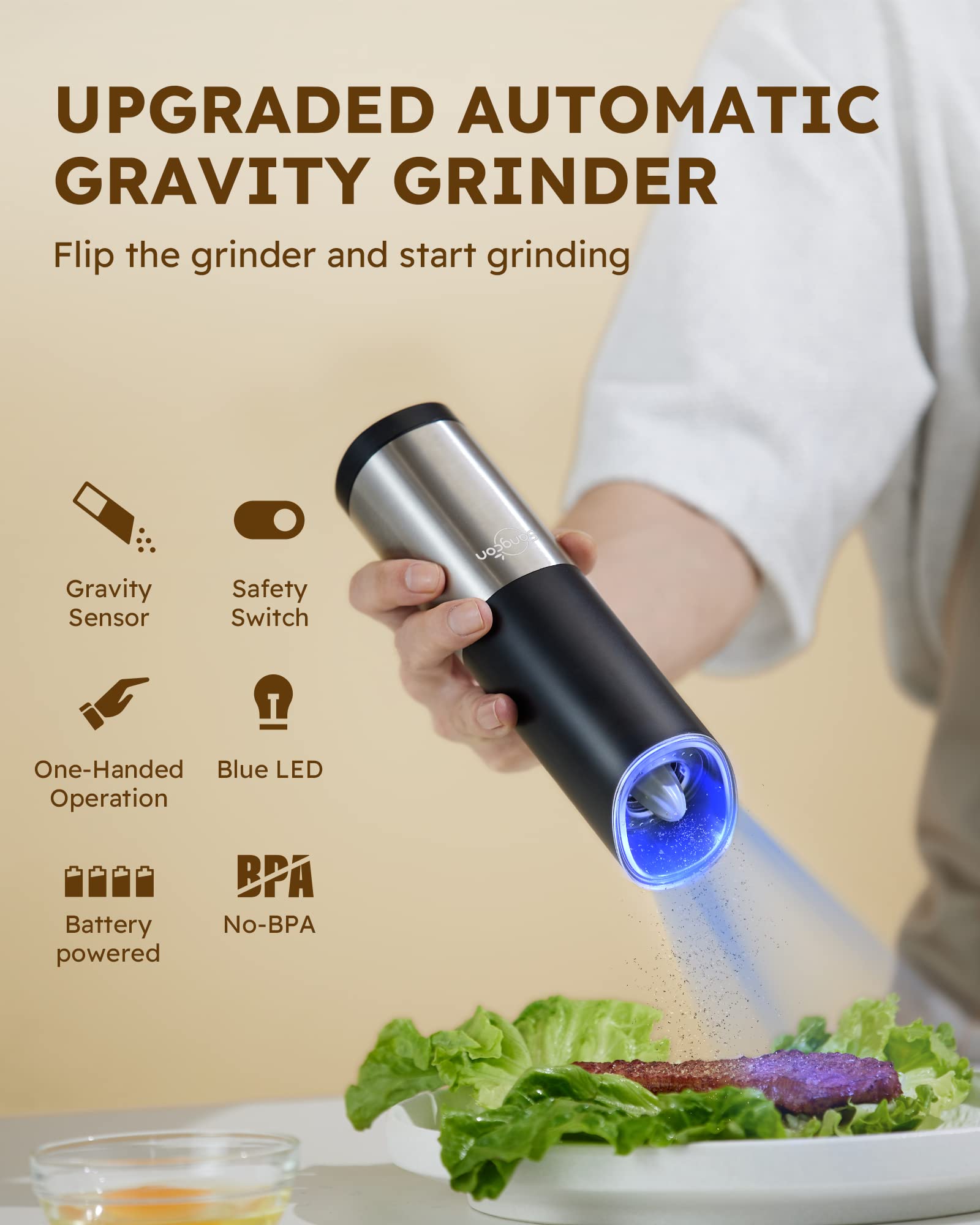 Electric Salt and Pepper Grinder Mill Set & 800W Blender for Shakes and Smoothies with 57oz Glass Jar & 10oz Grinding Cup BPA Free
