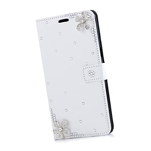 Fairy Art Crystal Wallet Case Compatible with Samsung Galaxy Z Fold 5 - Little Flowers - White - 3D Handmade Sparkly Glitter Bling Leather Cover with Screen Protector & Neck Strip Lanyard