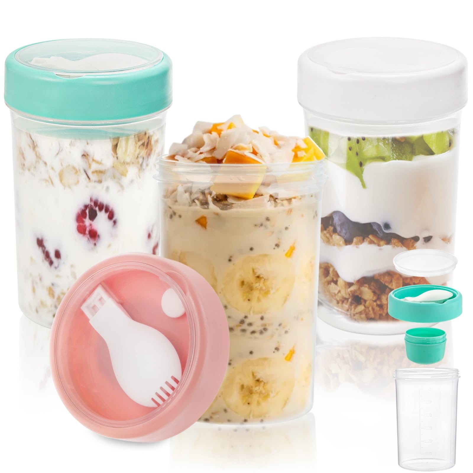 Noamus 3 Pack Salad Shaker Cup, 26 Oz Portable Cereal Cup with Lids and Fork, Yogurt Parfait Container with Sauce Dressing, Leak Proof Keep Fit Meal Bottle for Lunch, Vegetable Fruits, 3 Color