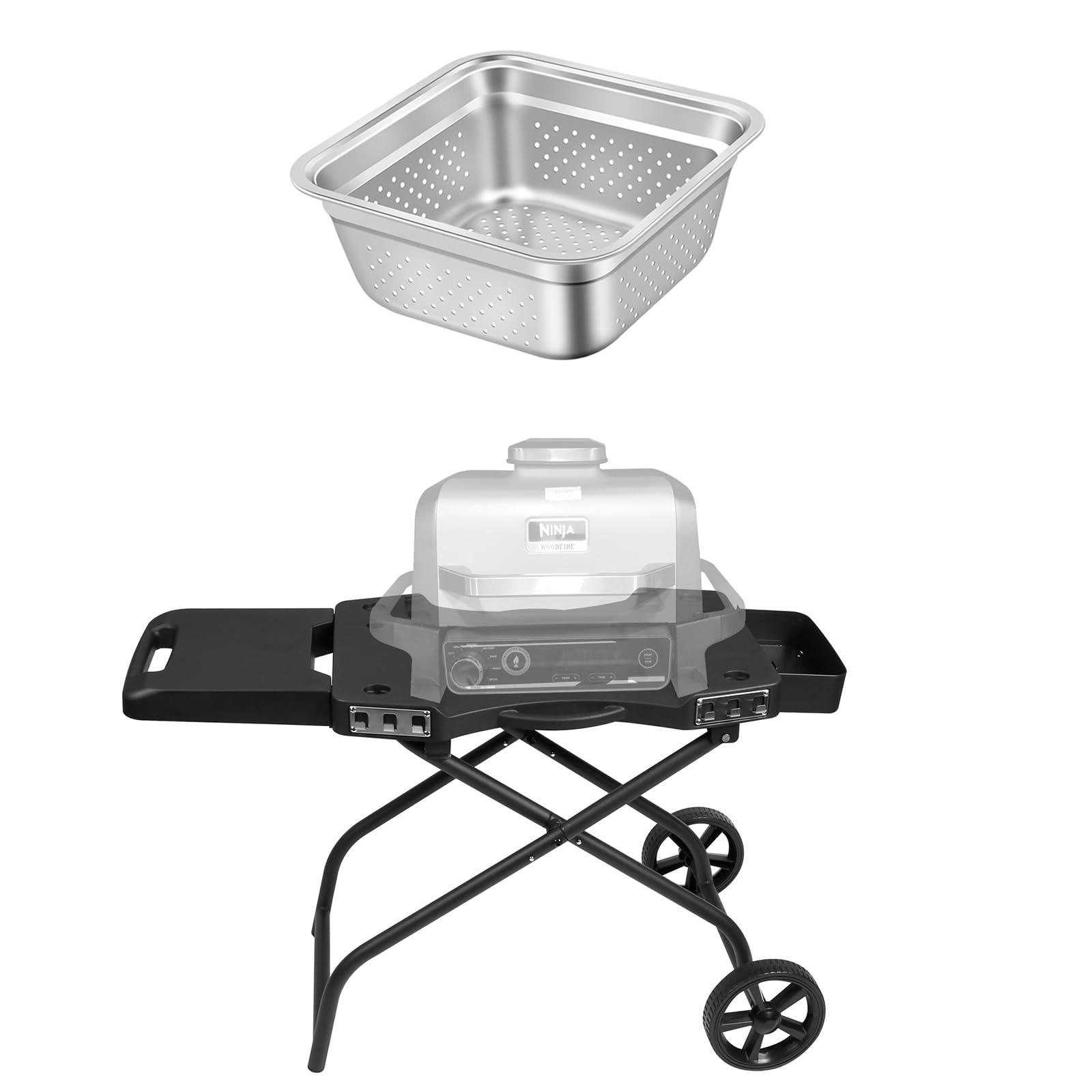 GRILL FORCE Grill Stand + Crisping Basket Set for Ninja Woodfire Grill,Collapsible Outdoor Grill Cart 304 Stainless Steel Crisper Tray Fit for Ninja Woodfire Outdoor Grill (Ninja OG701)