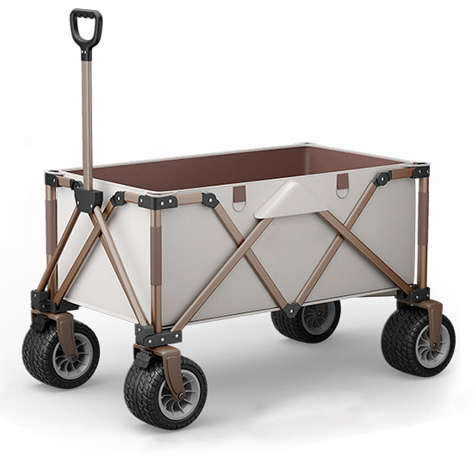 YJSG Collapsible Folding Wagon Garden Cart,Garden Carts,Beach Wagon Grocery Wagon Wagon Sports with Adjustable Drawbar Beach Wagon Cart 200Kg Load Universal Wheel Camping Cart,(d) White Coffee