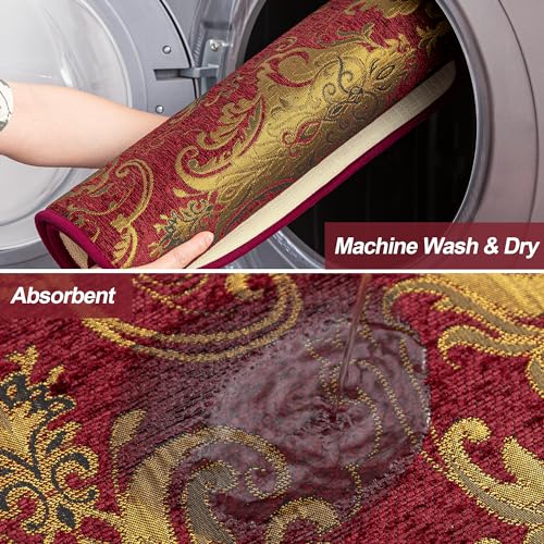Loom and Mill Luxury Bathroom Rugs Set 3 Pieces, Absorbent & Non-Slip Chenille Memory Foam Bath Rug Set with U Shaped Toilet Mat, Soft Washable Bath Mats for Bathroom Floor,Tub and Shower(Red)