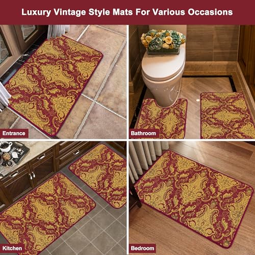 Loom and Mill Luxury Bathroom Rugs Set 3 Pieces, Absorbent & Non-Slip Chenille Memory Foam Bath Rug Set with U Shaped Toilet Mat, Soft Washable Bath Mats for Bathroom Floor,Tub and Shower(Red)