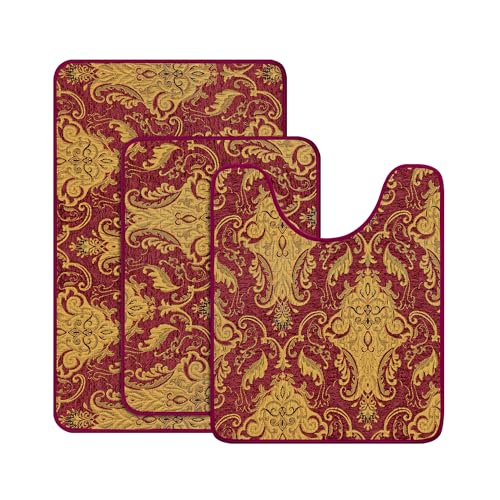 Loom and Mill Luxury Bathroom Rugs Set 3 Pieces, Absorbent & Non-Slip Chenille Memory Foam Bath Rug Set with U Shaped Toilet Mat, Soft Washable Bath Mats for Bathroom Floor,Tub and Shower(Red)