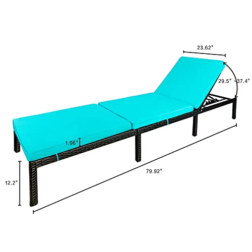 Outdoor Patio Chaise Lounges Chairs Furniture Adjustable Wicker Couch Bed Blue Thick Cushion.