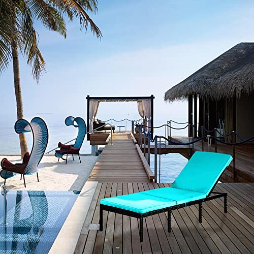 Outdoor Patio Chaise Lounges Chairs Furniture Adjustable Wicker Couch Bed Blue Thick Cushion.