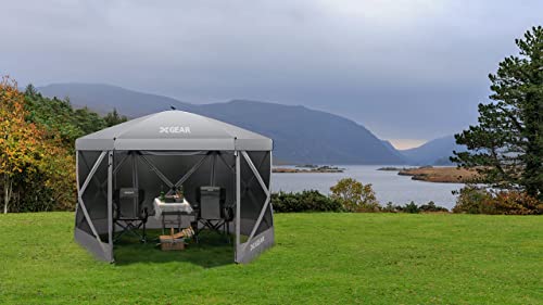 XGEAR 6 Sided Pop Up Camping Gazebo 11.5’x11.5’ Instant Canopy Tent Sun Shelter Screen House with Mosquito Netting, for Patio, Backyard, Outdoor,Grey