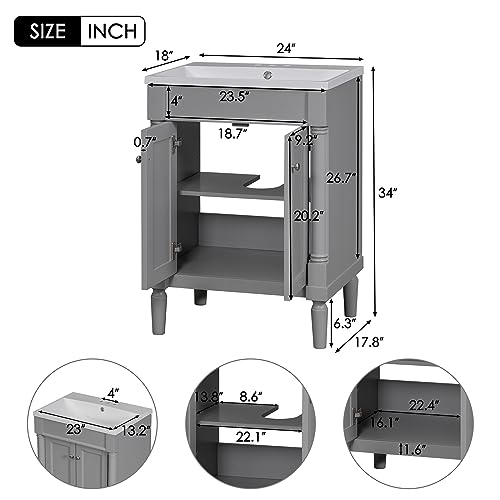 VKKILPEE 24 inch Bathroom Vanity Sink Combo Freestanding Bathroom Vanity with Top Sink, Bath Vanity Storage Cabinet with Large Storage Shelves, Modern Single Sink Bathroom Cabinet, Grey