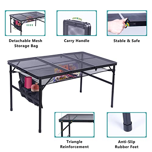 Nice C Table for Grill, Outdoor Picnic Folding Camping Table, Card Table Adjustable Height, Portable Mesh Bag Lightweight, Carry Handle for Outdoor, Beach, Indoor (23.7” x 15.8” x 10.7”/22.3” Black)