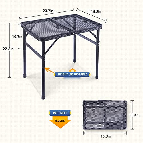 Nice C Table for Grill, Outdoor Picnic Folding Camping Table, Card Table Adjustable Height, Portable Mesh Bag Lightweight, Carry Handle for Outdoor, Beach, Indoor (23.7” x 15.8” x 10.7”/22.3” Black)