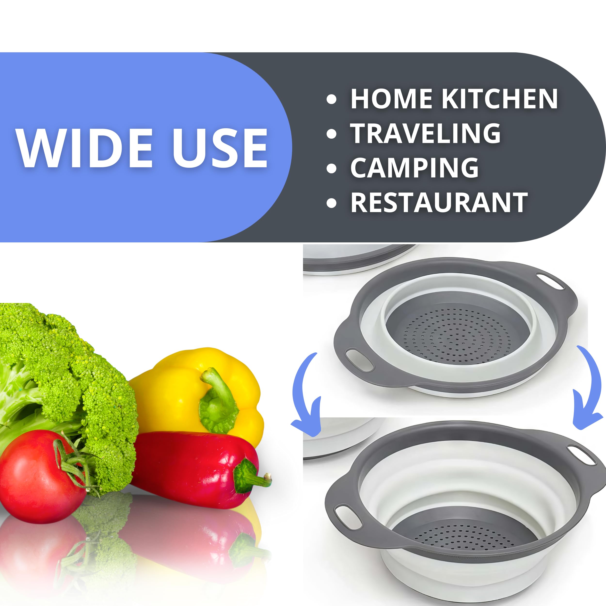 Round Silicone White Colander Collapsible – Foldable White Kitchen Strainer Small Collapsible Colander with Plastic Handles for Draining Vegetable and Fruit Silicone Kitchen Strainer for Pasta