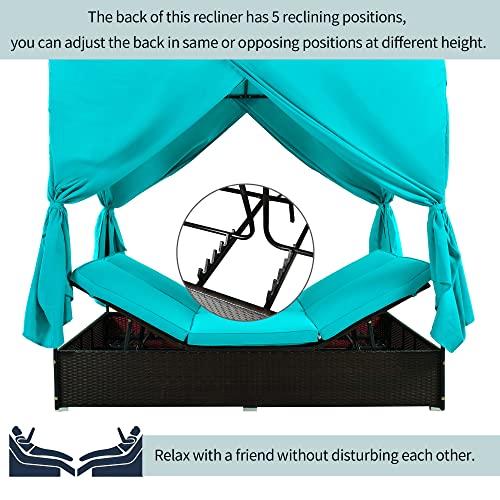 Merax Outdoor Patio Wicker Sunbed Daybed with Canopy, Overhead Curtains, Cushions, Lounge Chairs with Adjustable Seats, Blue