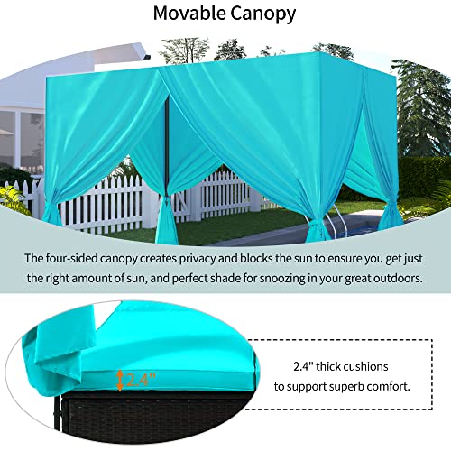 Merax Outdoor Patio Wicker Sunbed Daybed with Canopy, Overhead Curtains, Cushions, Lounge Chairs with Adjustable Seats, Blue