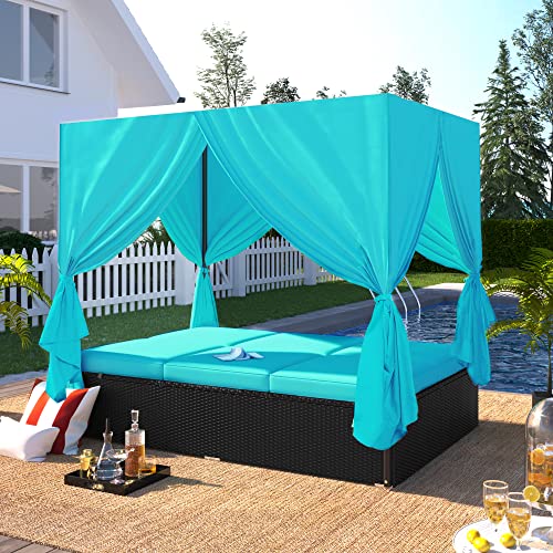 Merax Outdoor Patio Wicker Sunbed Daybed with Canopy, Overhead Curtains, Cushions, Lounge Chairs with Adjustable Seats, Blue