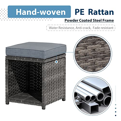 JOIVI 2 Pieces Outdoor Patio Ottoman, All Weather Rattan Wicker Ottoman Set, Outdoor Footstool Footrest Seat with Removable Cushions Storage Space, Grey