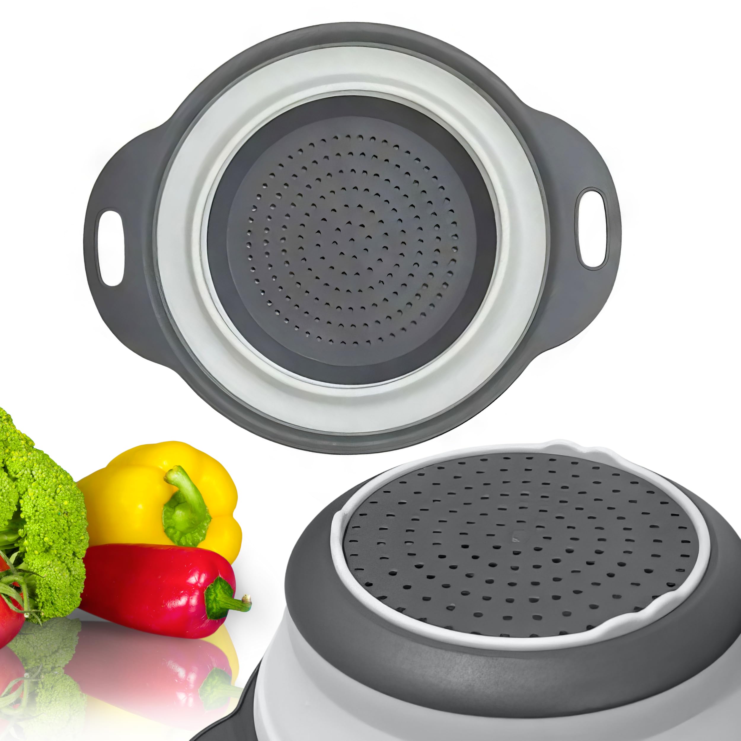 Round Silicone White Colander Collapsible – Foldable White Kitchen Strainer Small Collapsible Colander with Plastic Handles for Draining Vegetable and Fruit Silicone Kitchen Strainer for Pasta