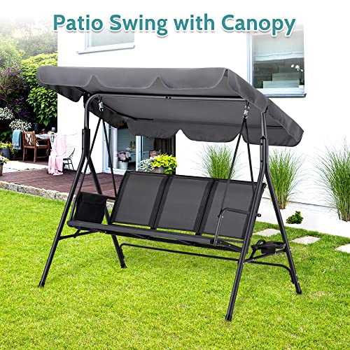 Haddockway 3-Seater Outdoor Adjustable Canopy Swing Chair,Porch Swing with Stand,Armrests,Textilene Fabric,Steel Frame,Patio Swing with Canopy for Garden,Backyard,Balcony,Poolside (Deep Grey)