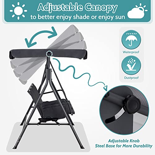 Haddockway 3-Seater Outdoor Adjustable Canopy Swing Chair,Porch Swing with Stand,Armrests,Textilene Fabric,Steel Frame,Patio Swing with Canopy for Garden,Backyard,Balcony,Poolside (Deep Grey)
