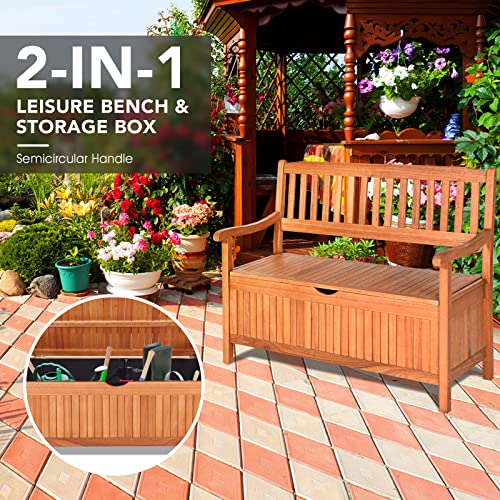 HAPPYGRILL Outdoor Storage Bench Wooden Deck Box with Removable Dustproof Liner, 33 Gal Wood Storage Loveseat Seating Furniture for Courtyard Garden Poolside