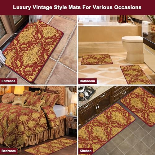 Loom and Mill Luxury Kitchen Rugs Set 2 Pieces, Non Skid Absorbent Chenille Memory Foam Kitchen Runner Rug Floor Mats, Comfort Standing Mat for Front of Sink,Machine Wash(Red,17.3"x47"+17.3”x29)
