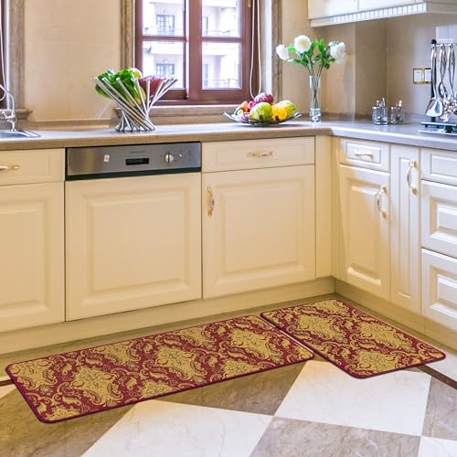Loom and Mill Luxury Kitchen Rugs Set 2 Pieces, Non Skid Absorbent Chenille Memory Foam Kitchen Runner Rug Floor Mats, Comfort Standing Mat for Front of Sink,Machine Wash(Red,17.3"x47"+17.3”x29)