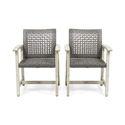Eartha Outdoor Acacia Wood and Wicker Dining Chair (Set of 2), Light Gray Wash and Mix Black